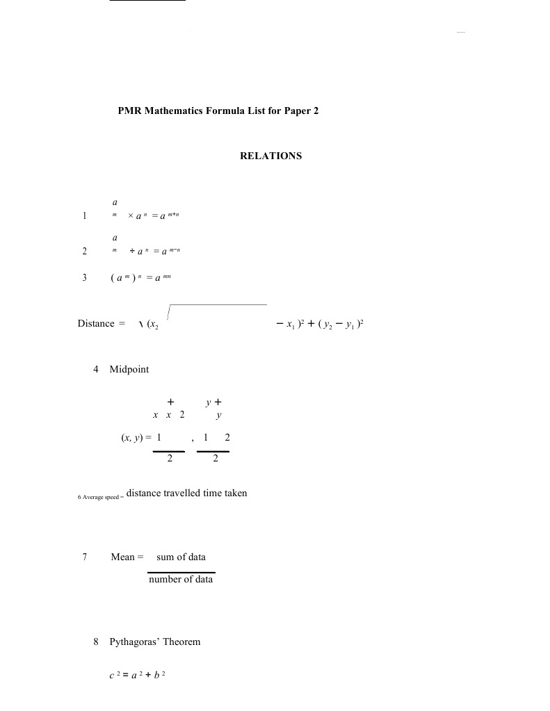 PMR Mathematics Formula List For Paper 2: 1 × A A 2 ÷ A A 3 (A) A | PDF