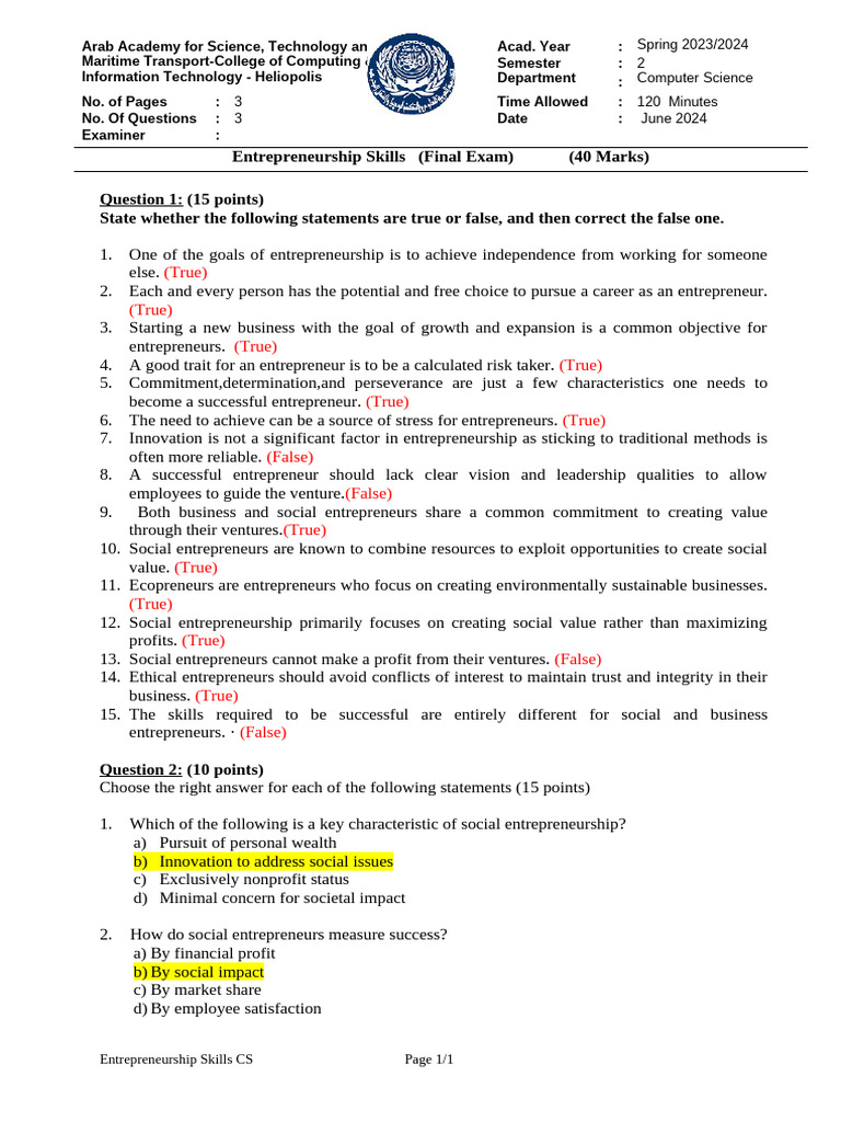Entrepreneurship FINAL JUNE 2024 -(Key Answers) | PDF ...
