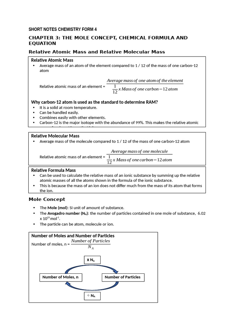SHORT NOTES CHEMISTRY FORM 4 - C3 Mole Concept Chemical Formula ...