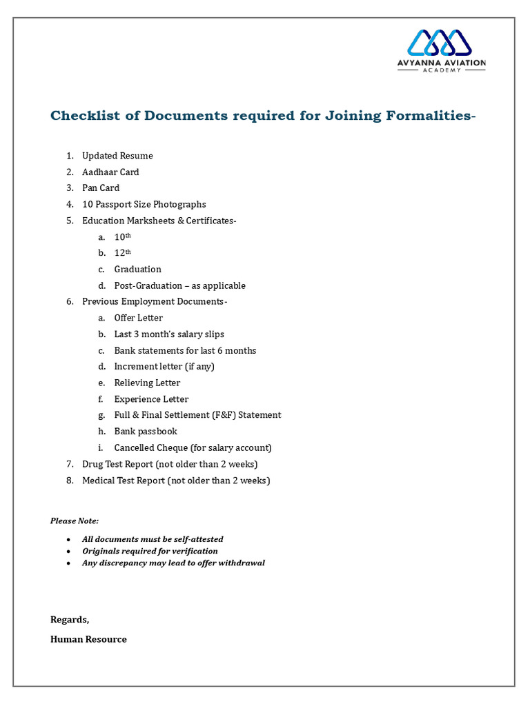 Checklist of Documents - Joining Formalities (1) | PDF