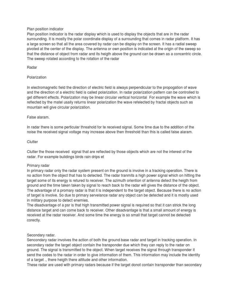Plan Position Indicator | PDF | Radar | Transponder (Aeronautics)