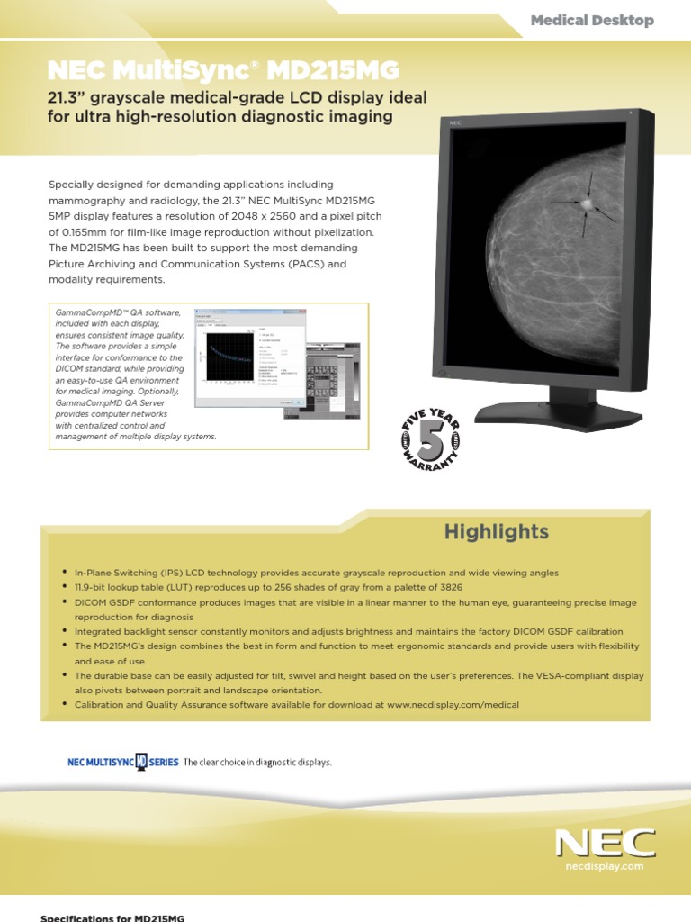 Nec Multisync® Md215Mg: 21.3" Grayscale Medical-Grade LCD Display Ideal ...