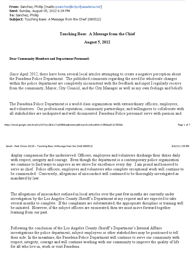 Pasadena Police Chief Letter | PDF | Pasadena | Police