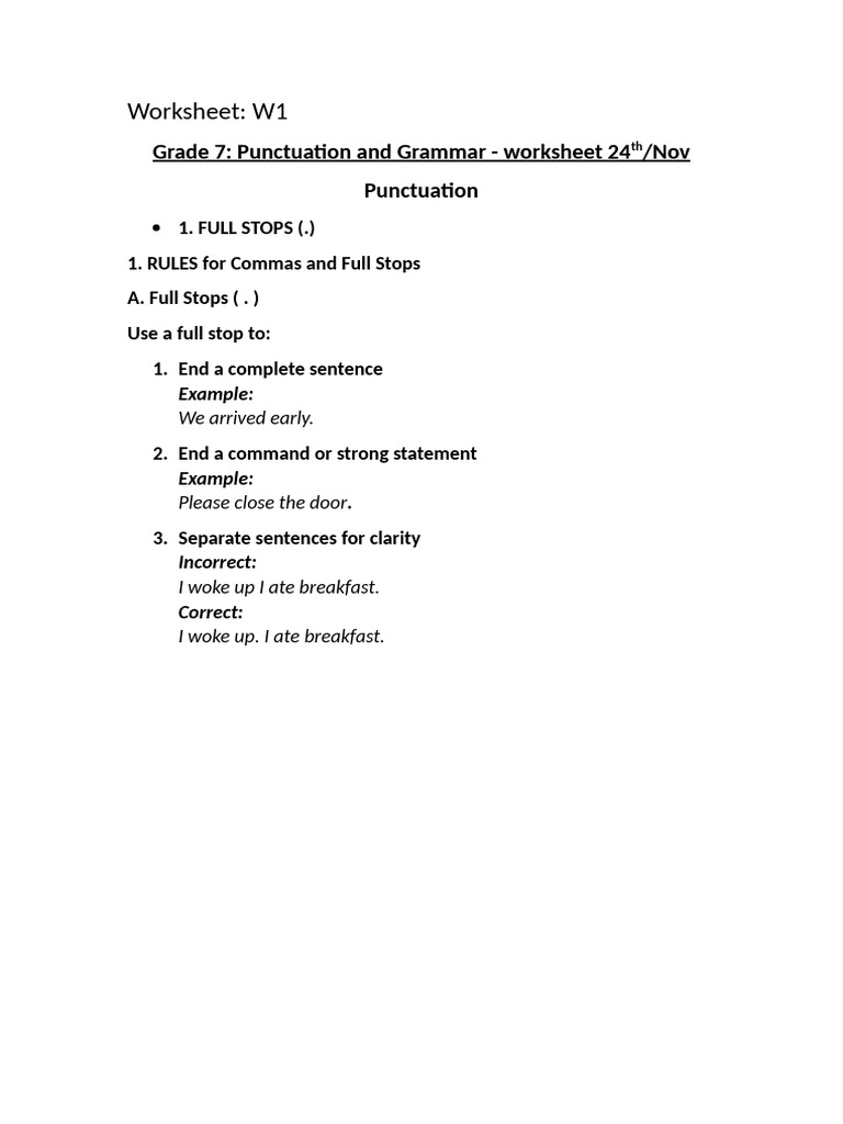 Grade 7B - Punctuation and Grammar - Worksheet - W1 | PDF