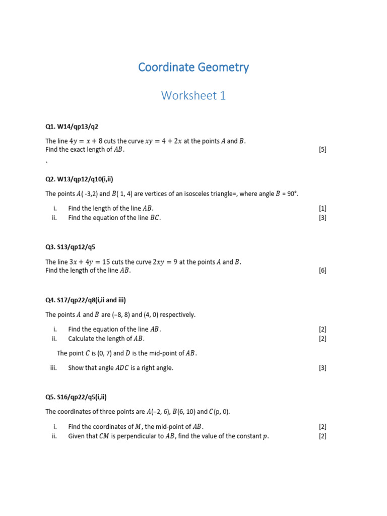 Coordinate Geometry Worksheet 1 | PDF