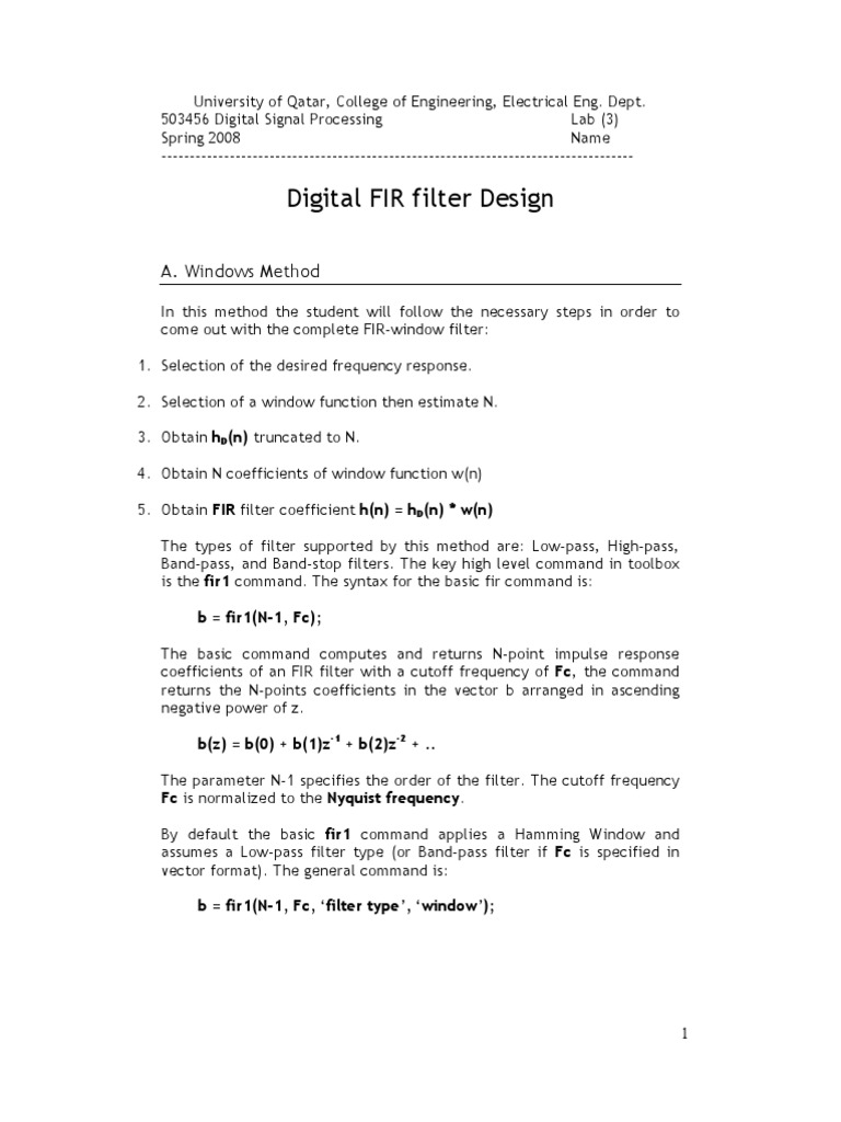 Digital FIR Filter Design: A. Windows Method | PDF | Low Pass Filter ...