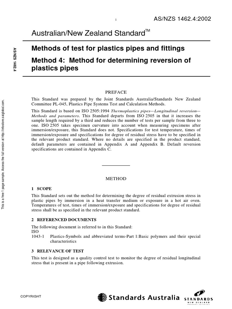 As NZS 1462.4-2002 Methods of Test For Plastics Pipes and Fittings ...