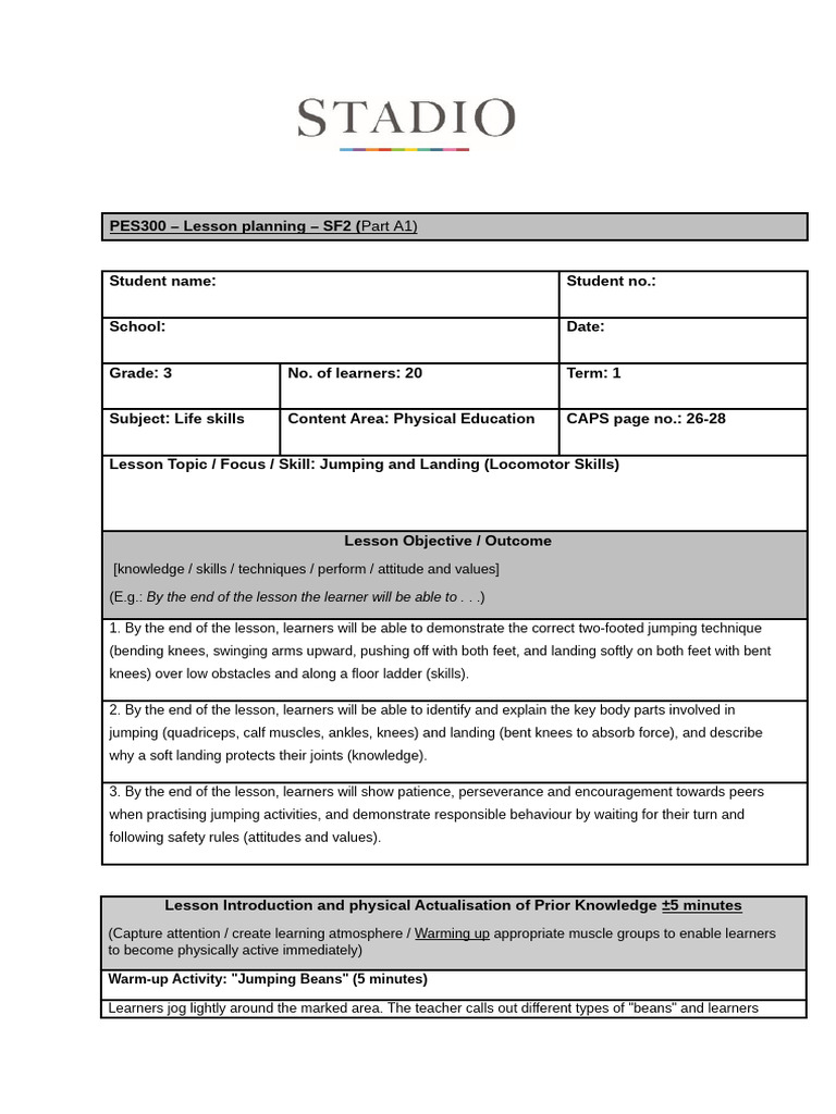 Pes Lesson Template - Jumping and Landing Gr3 | PDF | Human Leg ...