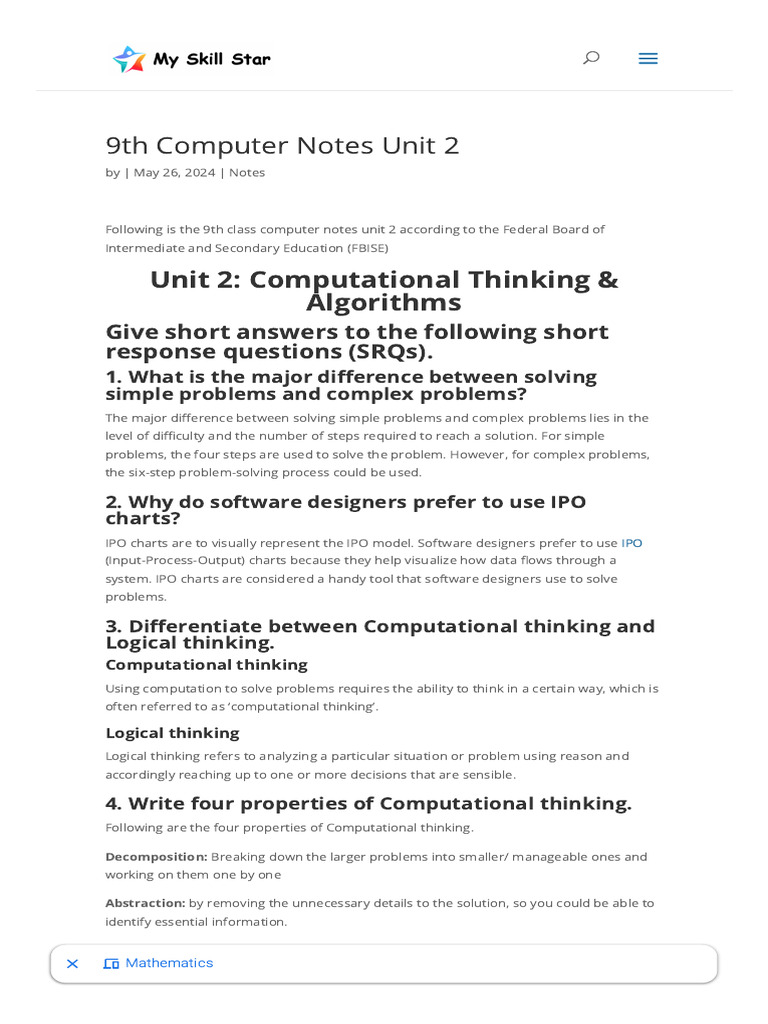 9th Computer Notes Unit 2 _ Computational Thinking & Algorithms | PDF