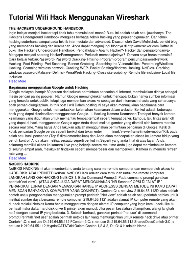 Tutorial Wifi Hack Menggunakan Wireshark | PDF