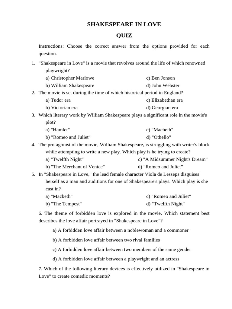 Shakespeare in Love Quiz | PDF | William Shakespeare | Theatre