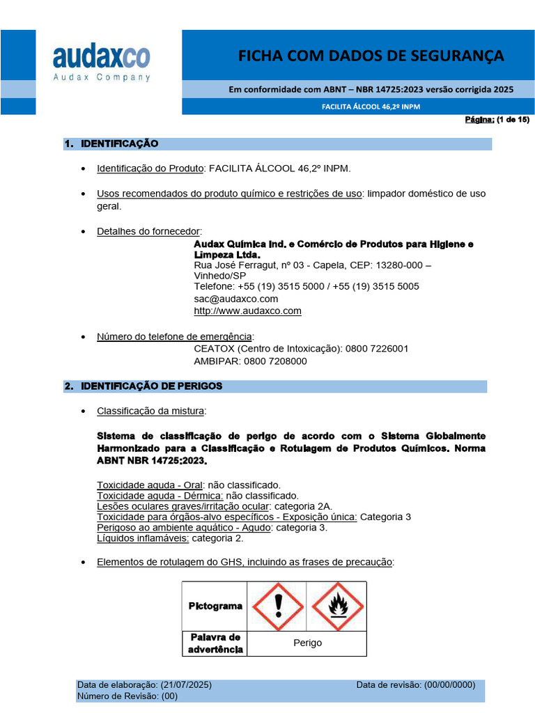 FDS - FACILITA ÁLCOOL 46,2° INPM _FDS_Rev.00 - Layout Audax | PDF ...