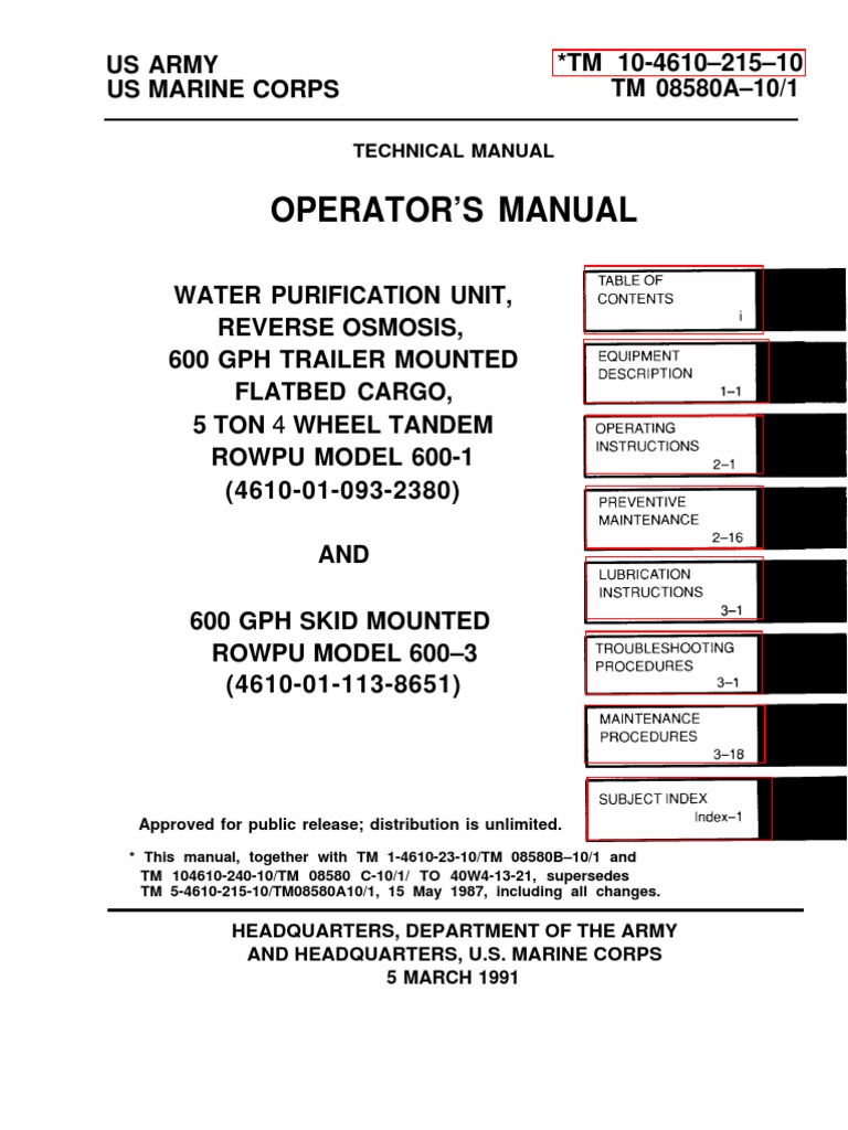 US ARMY US MARINE CORPS TM 10-4610-215-10 TM 08580A-10/1 TECHNICAL MANUAL OPERATORS MANUAL ...