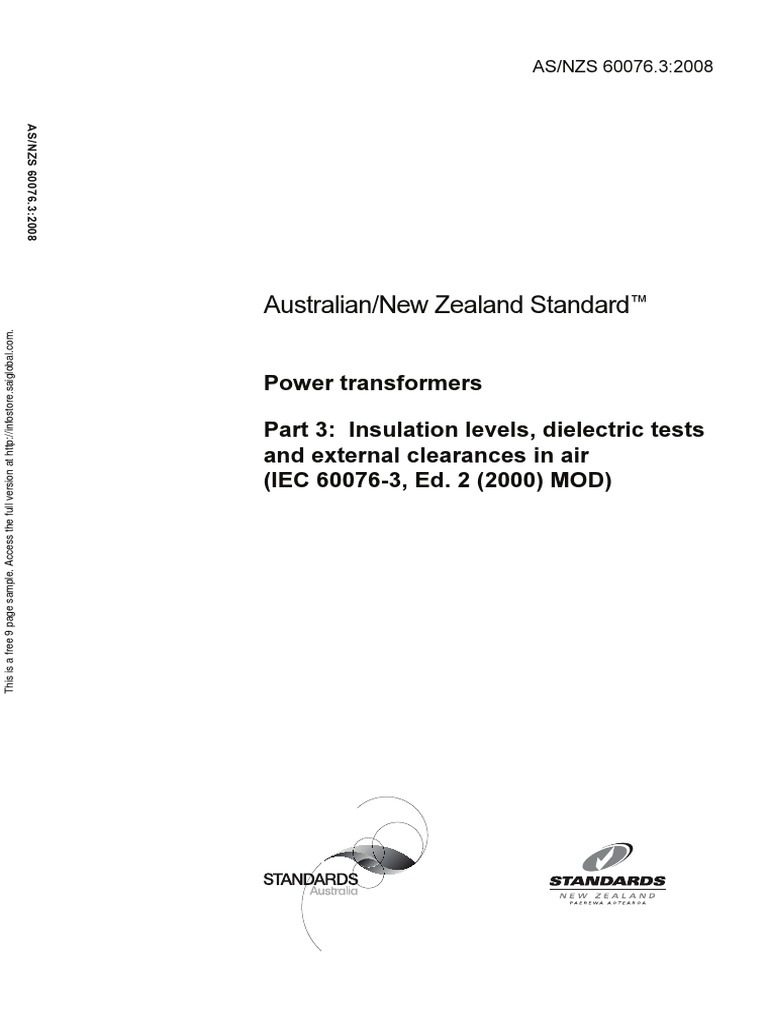 As NZS 60076.3-2008 Power Transformers Insulation Levels Dielectric ...