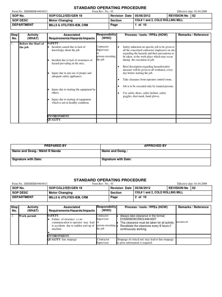 Sop For Motor Changing Job | PDF | Personal Protective Equipment | Nature