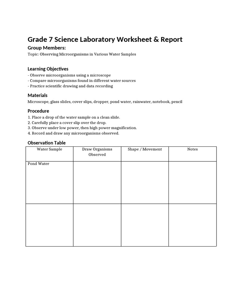 Grade 7 Observing Microorganisms Water Samples | PDF