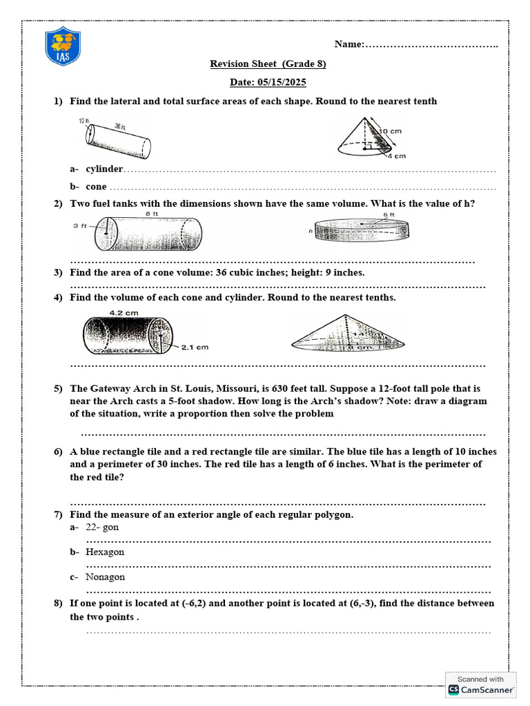 Final Revision Sheet G8 Q4 | PDF | Volume | Elementary Geometry