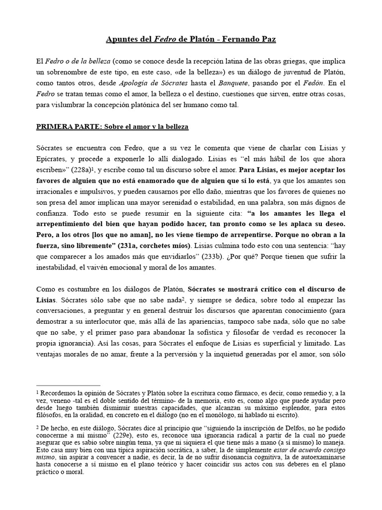Resumen del Fedro de Platón. Fernando Paz | PDF | Platón | Sócrates