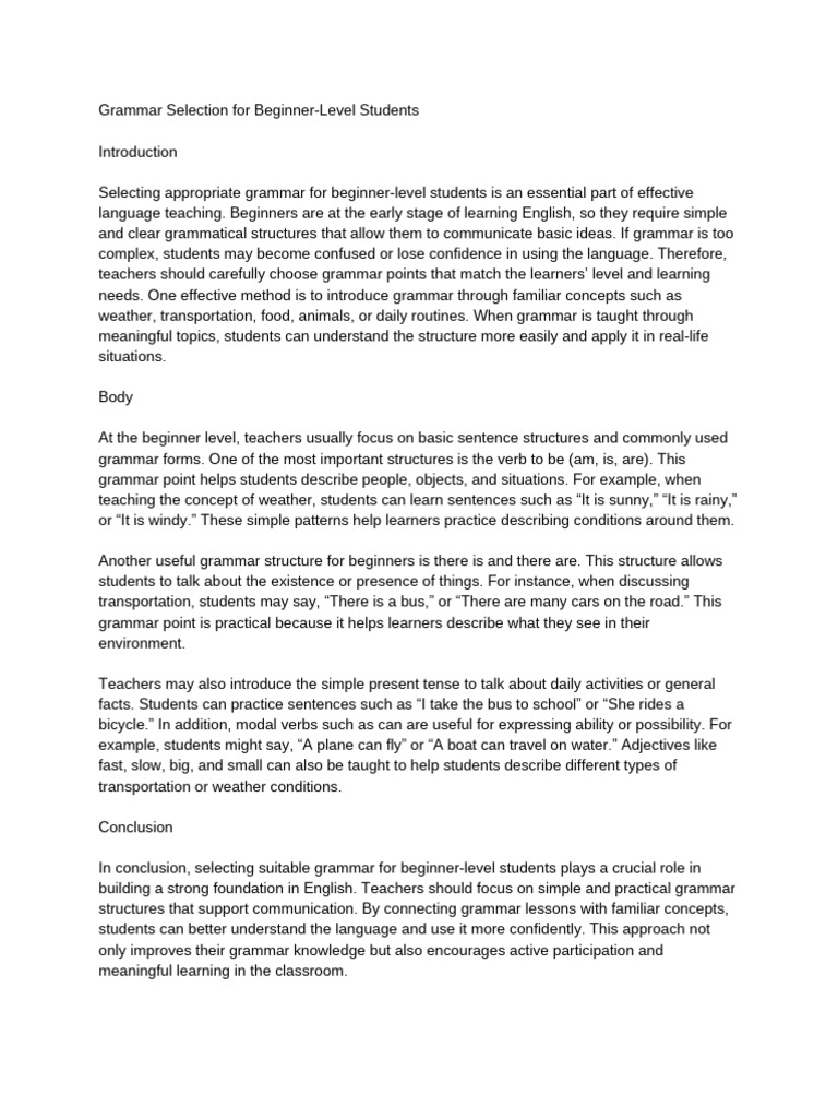 Grammar Selection for Beginner-Level Students | PDF
