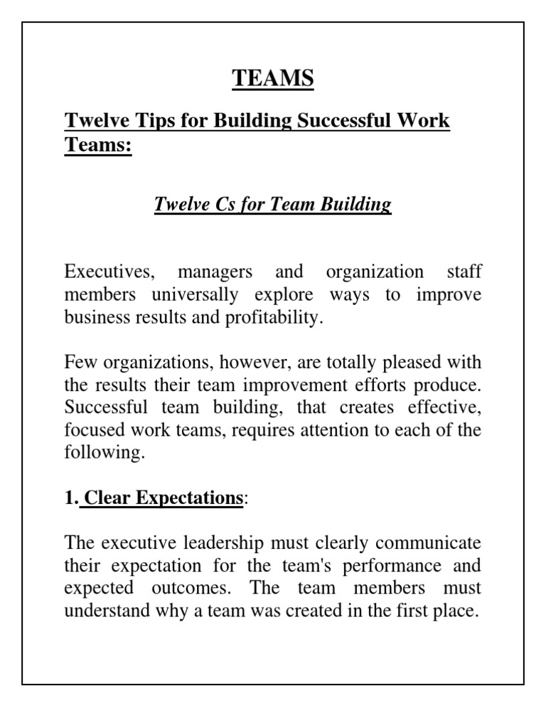 Teams Twelve Tips For Building Successful Work Teams Pdf Team
