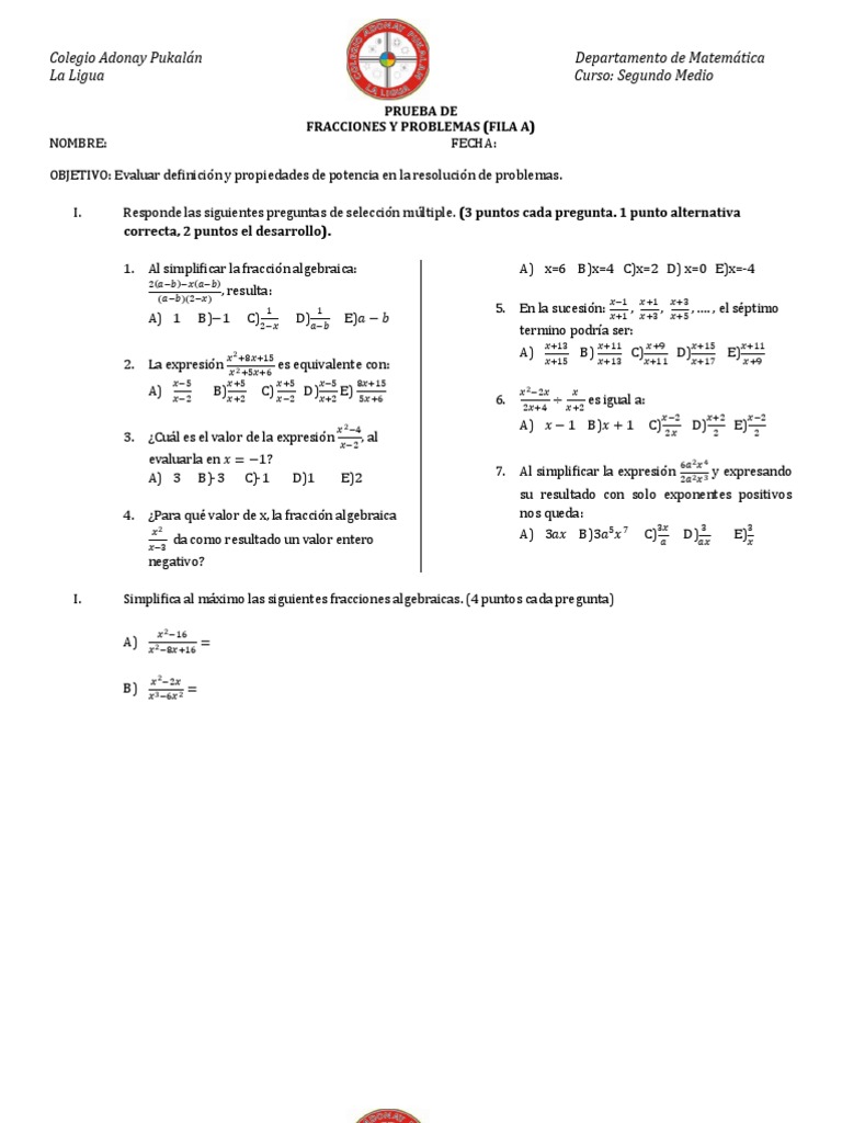 Prueba de Fracciones Algebraicas | PDF