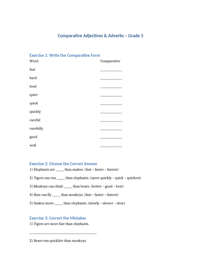 Comparative Adjectives Adverbs Grade 3 | PDF