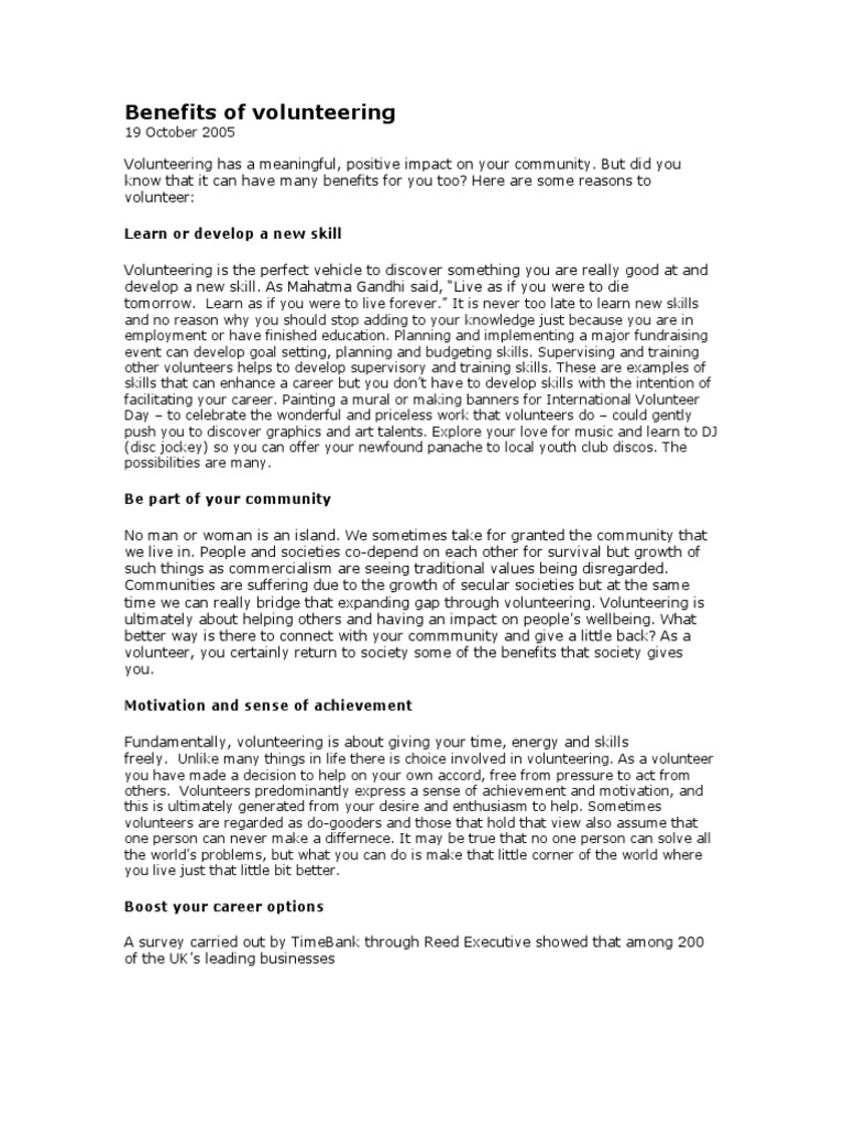 Benefits of Volunteering | PDF | Volunteering | Employment