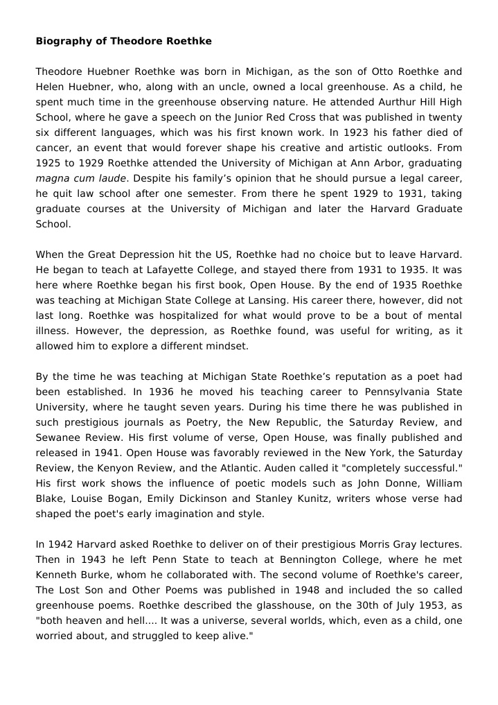 Biography of Theodore Roethke | PDF | Poetry