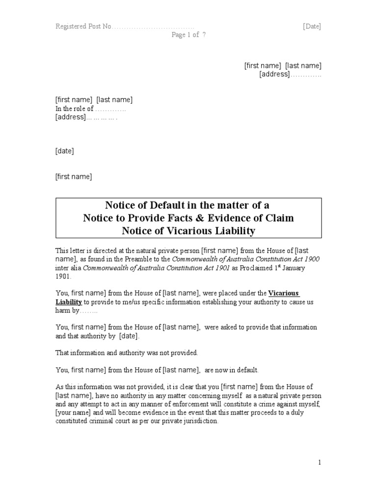 Default Letter of Notice of Vicarious Liability - First | PDF