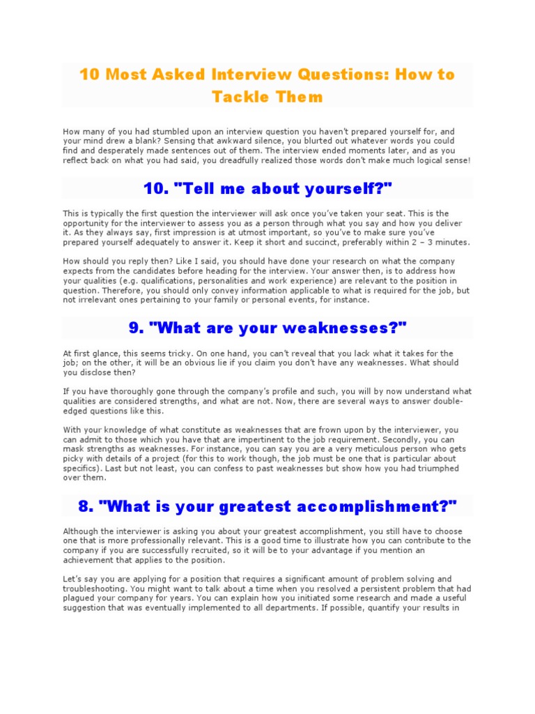 10 Most Asked Interview Questions | PDF | Employment | Salary