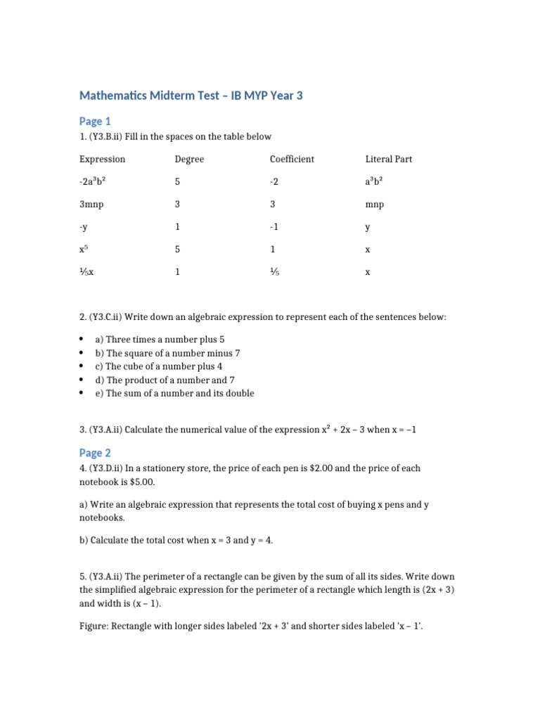 IB MYP Mathematics Test Heitor | PDF