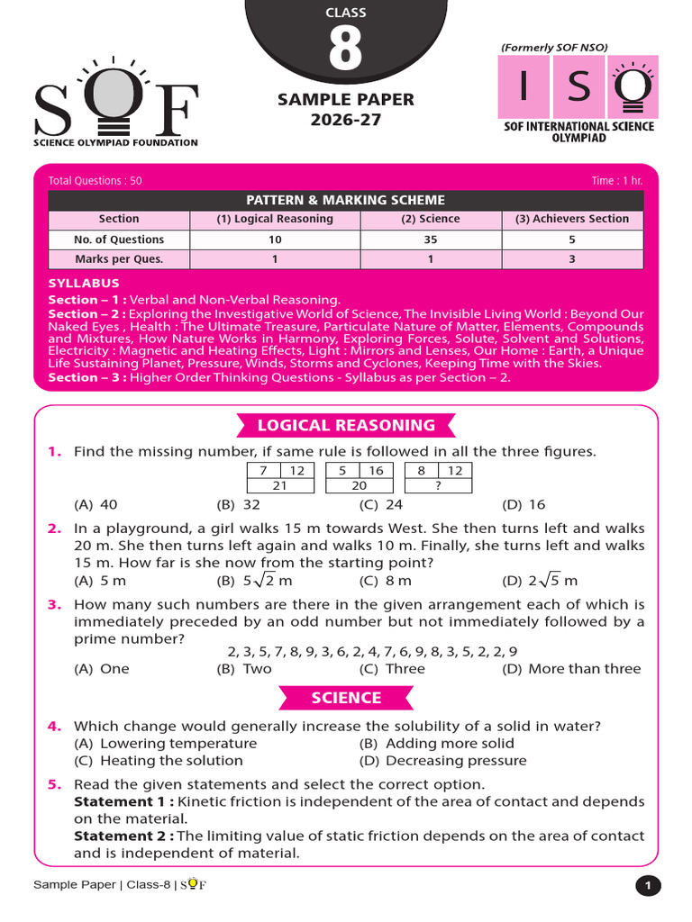 Iso Sample Paper Class-8 2026-27 | PDF | Chemical Substances | Friction
