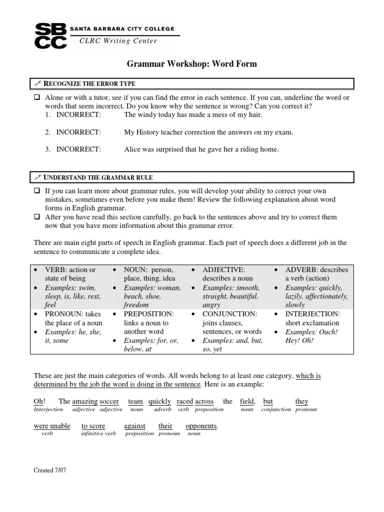 Grammar Workshop Word Form | PDF | English Grammar | Part Of Speech
