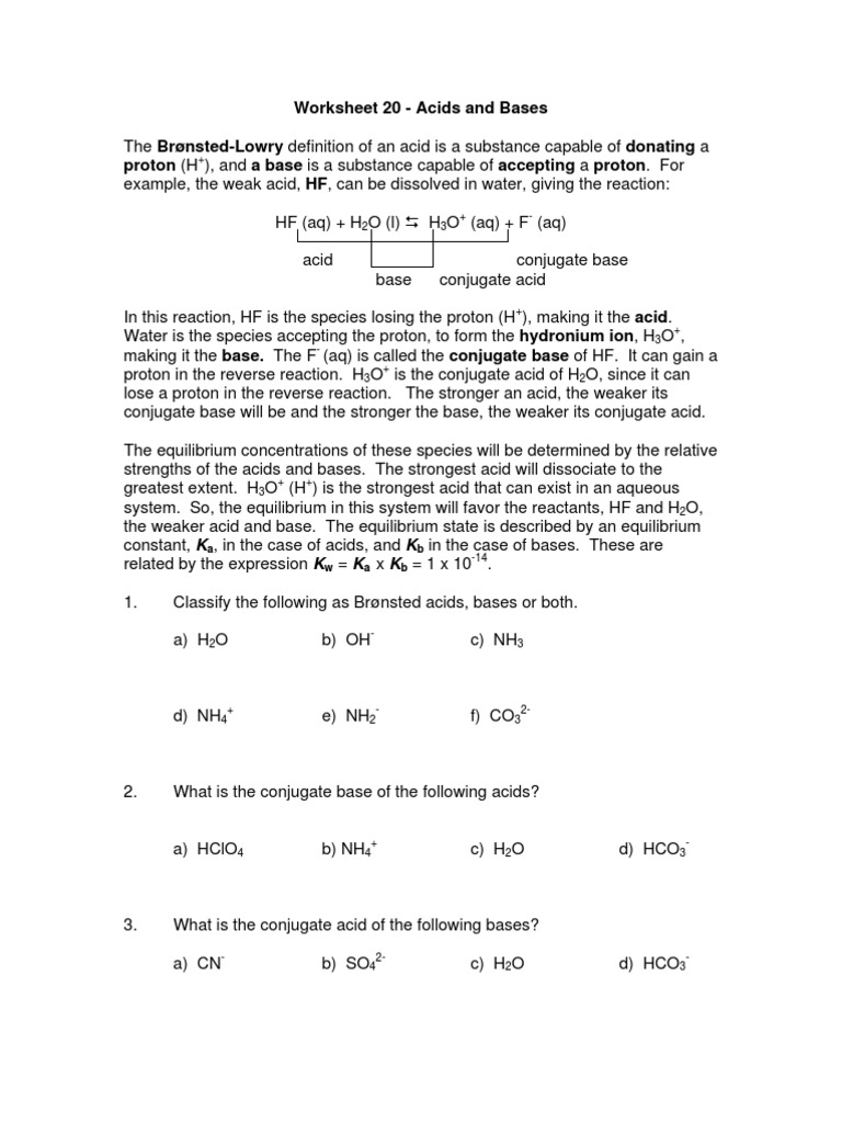 Brønsted-Lowry Acids and Bases Worksheet | PDF | Acid | Branches Of ...