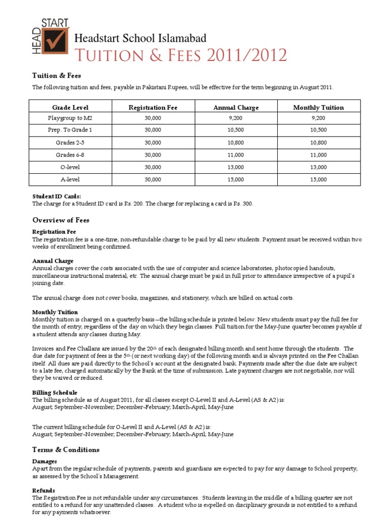 Headstart School Islamabad Fee Structure | PDF | Fee | Tuition Payments