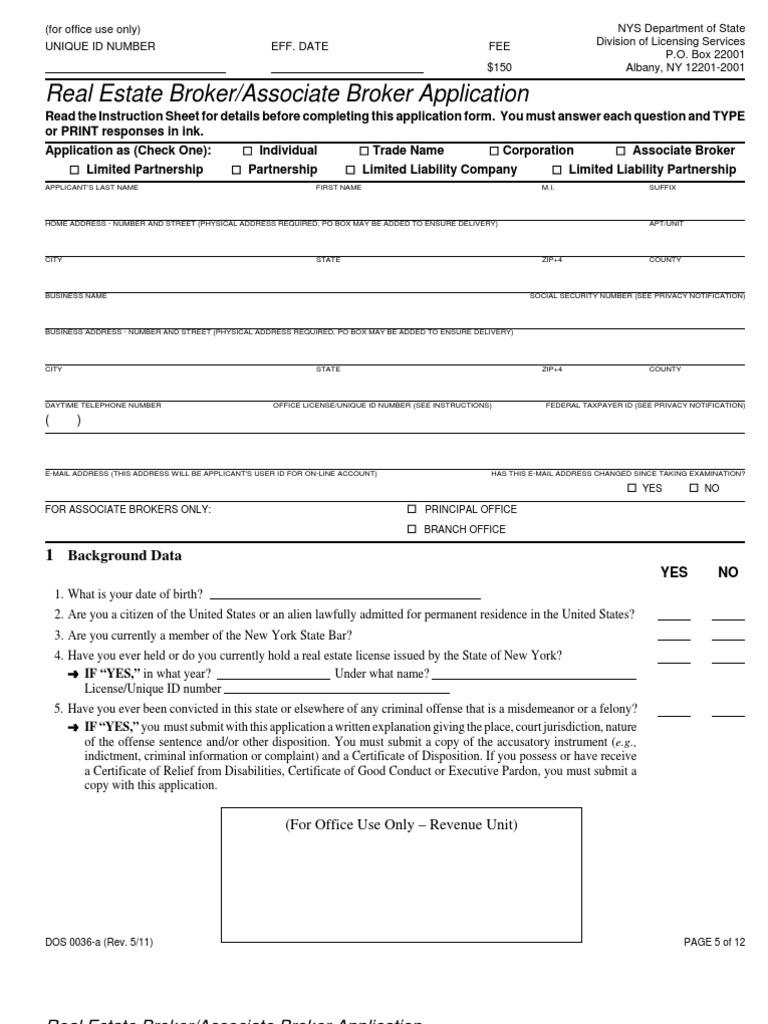 NY Real Estate Broker Application Form | PDF | Department Of Motor ...