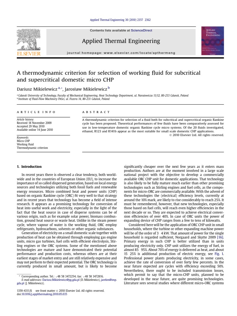 A Thermodynamic Criterion For Selection of Working Fluid For Subcritical and Supercritical ...