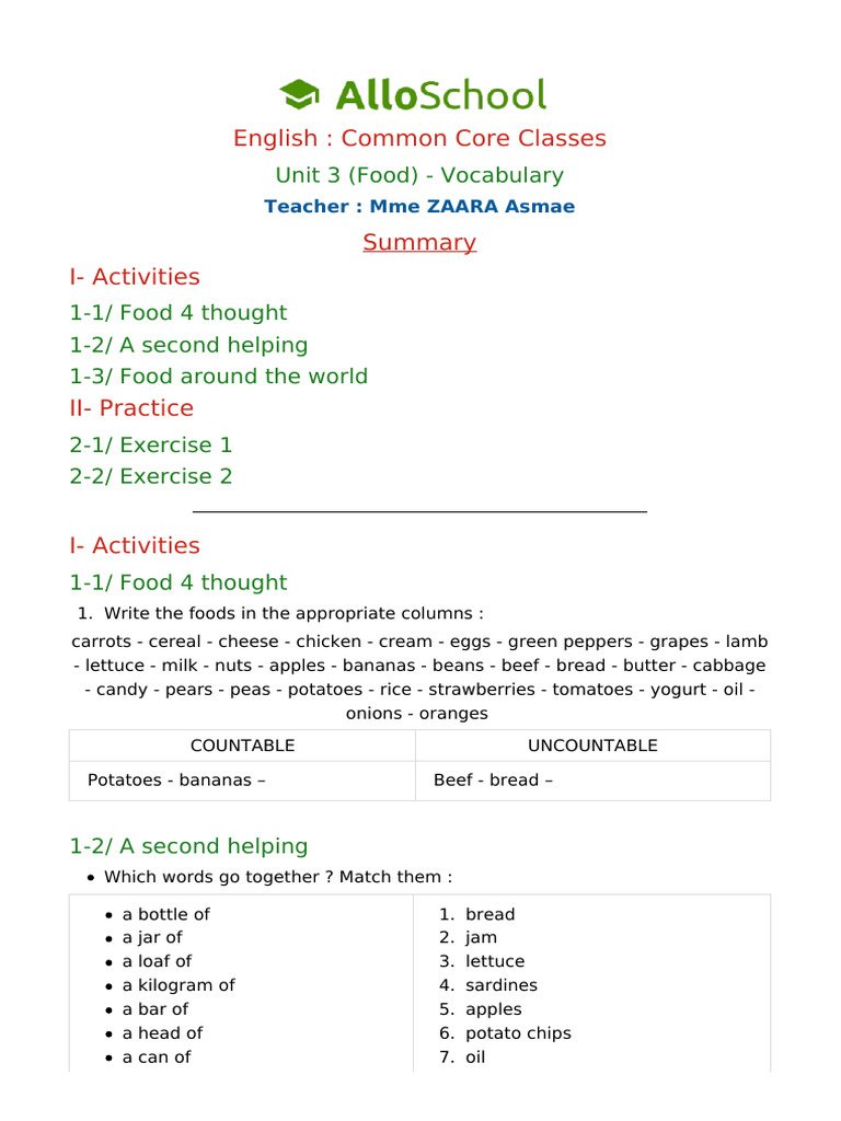 Unit 3 Food Vocabulary | PDF