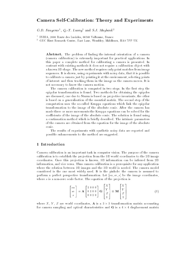 Camera Self-Calibration Theory and Experiments | PDF | Equations ...