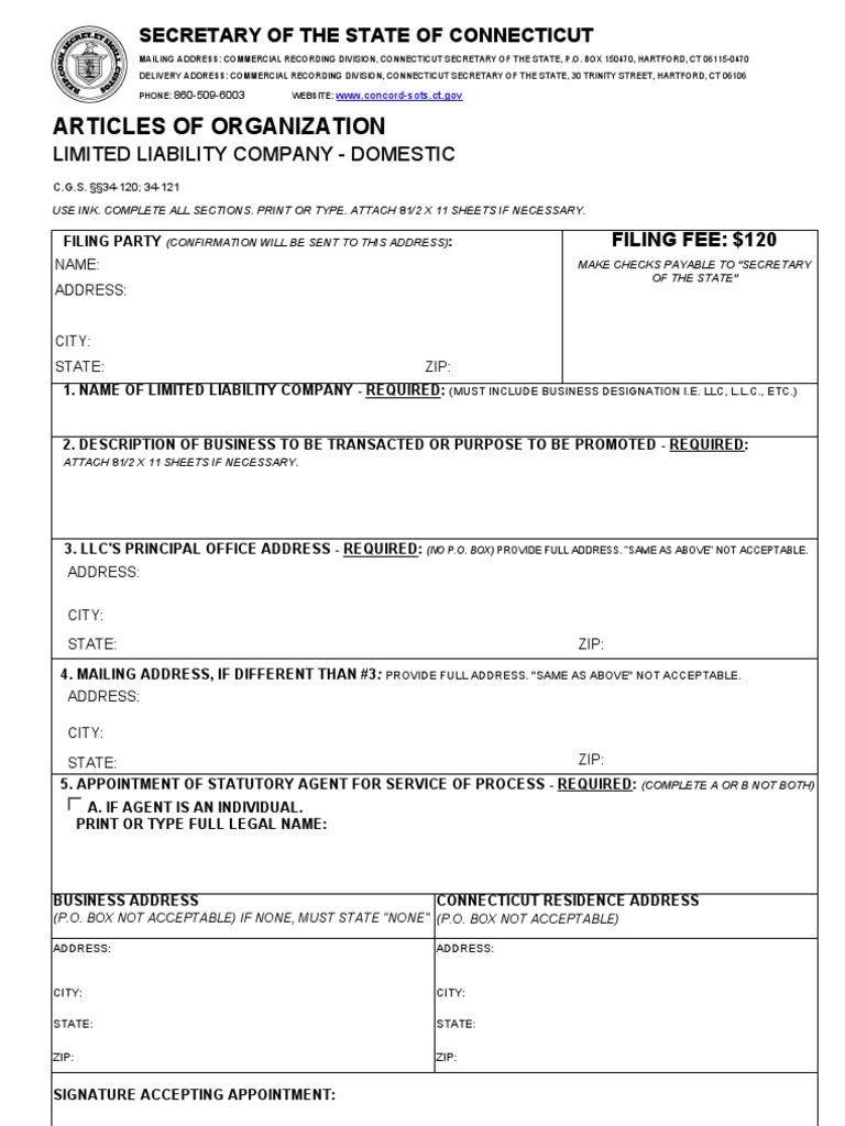Connecticut LLC Articles of Organization | Limited Liability Company ...