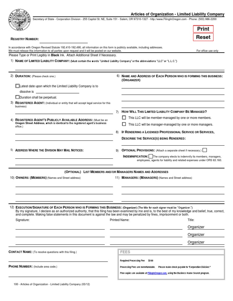 Oregon LLC Articles of Organization | PDF