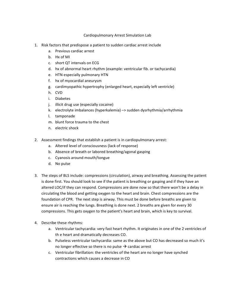 Cardiopulmonary Arrest Simulation Lab | PDF | Cardiac Arrest | Cardiac ...