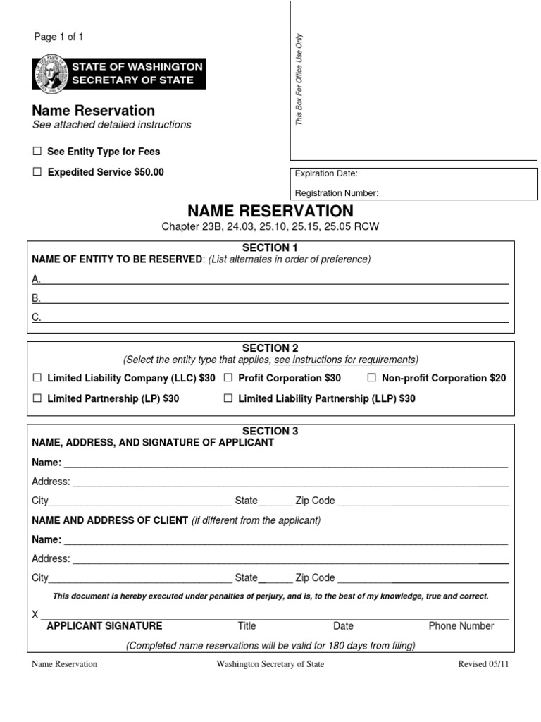 Washington Name Reservation Form | PDF | Limited Liability Company ...