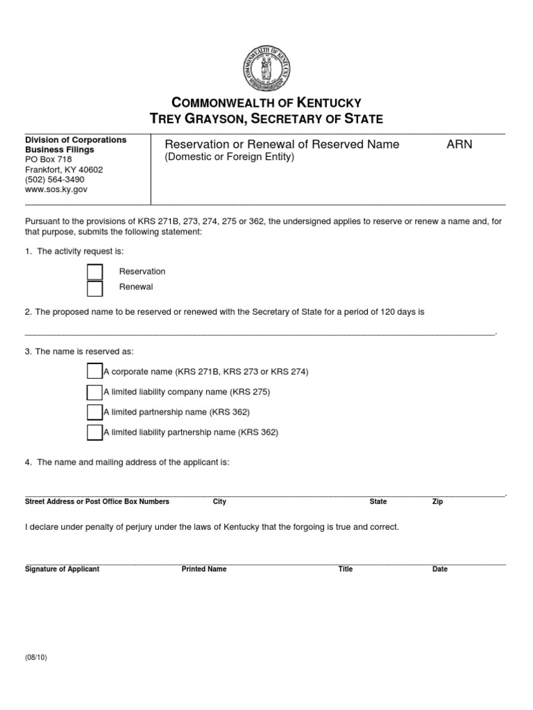 Kentucky Name Reservation Form | PDF