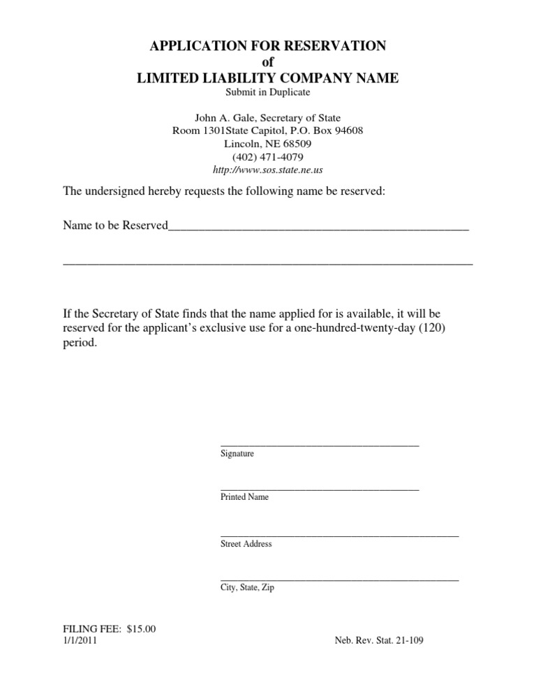 Nebraska LLC Application For Reservation | PDF