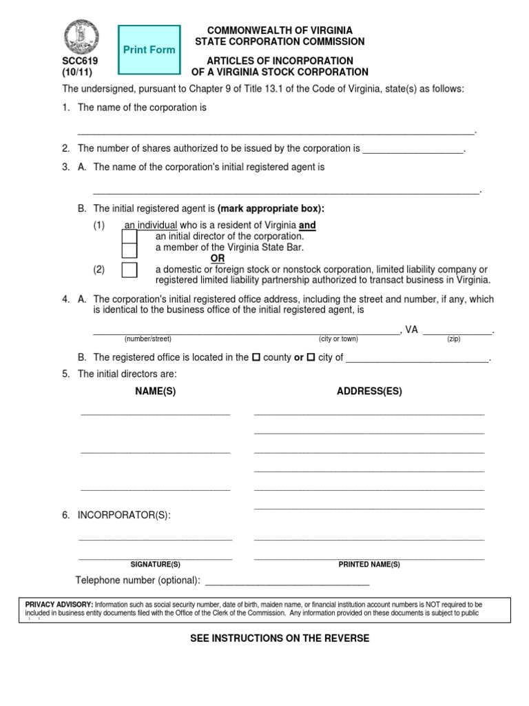 Virginia Articles of Incorporation | PDF | Registered Agent | Corporations