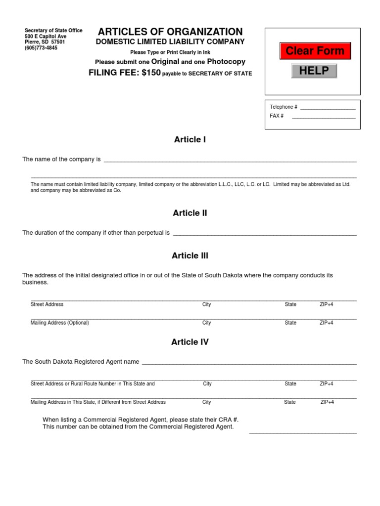 South Dakota LLC Articles of Organization | PDF