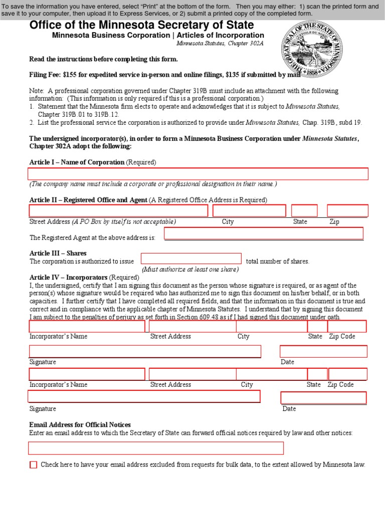 Minnesota Articles of Incorporation | PDF | Registered Agent | Corporations