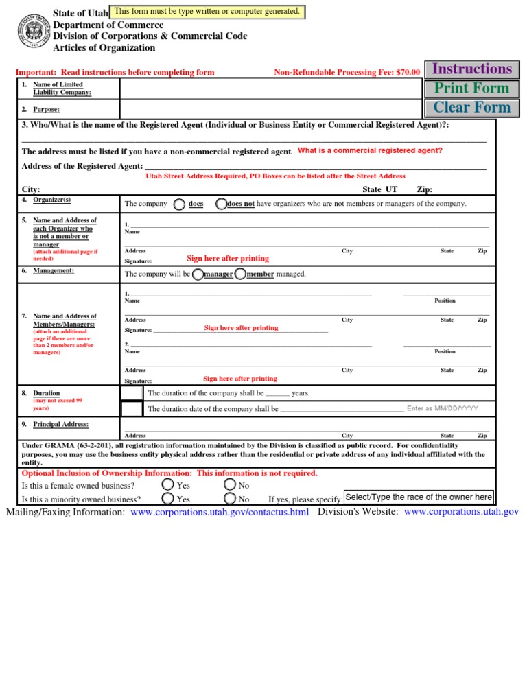 Utah LLC Articles of Organization