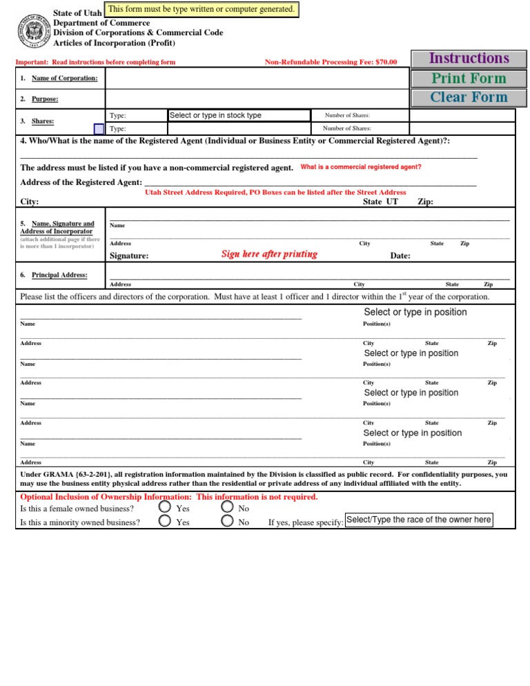Utah Articles of Incorporation